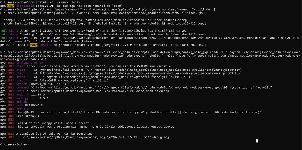Erro ao instalar o npm install -g framework7-cli - Questions ... Erro ao instalar o npm install -g framework7-cli - Questions ...